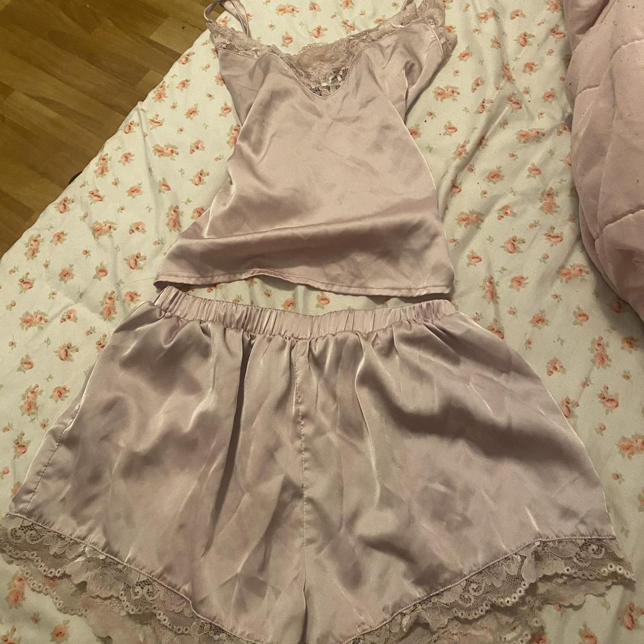 light greyish coquette pink satin pajama set -... - Depop