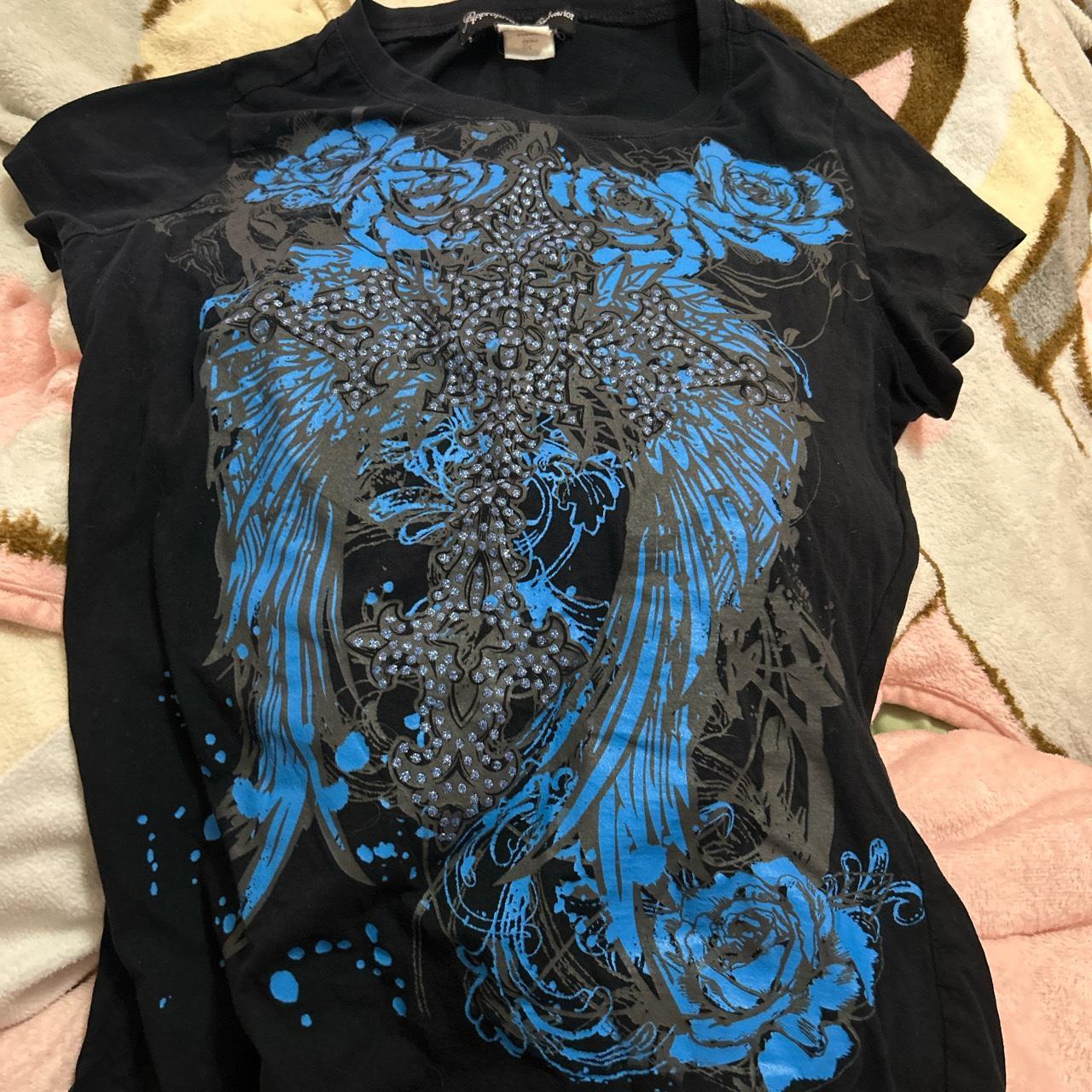 blue y2k rose rhinestone tee 🐾 size large fits... - Depop