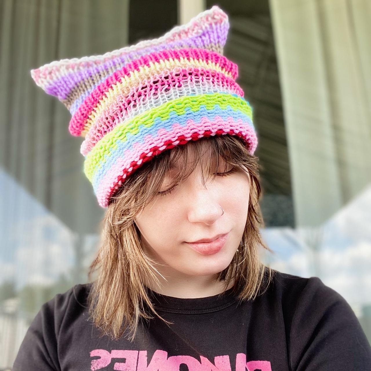 handmade crazy knit multicolor cat ear beanie wool... - Depop