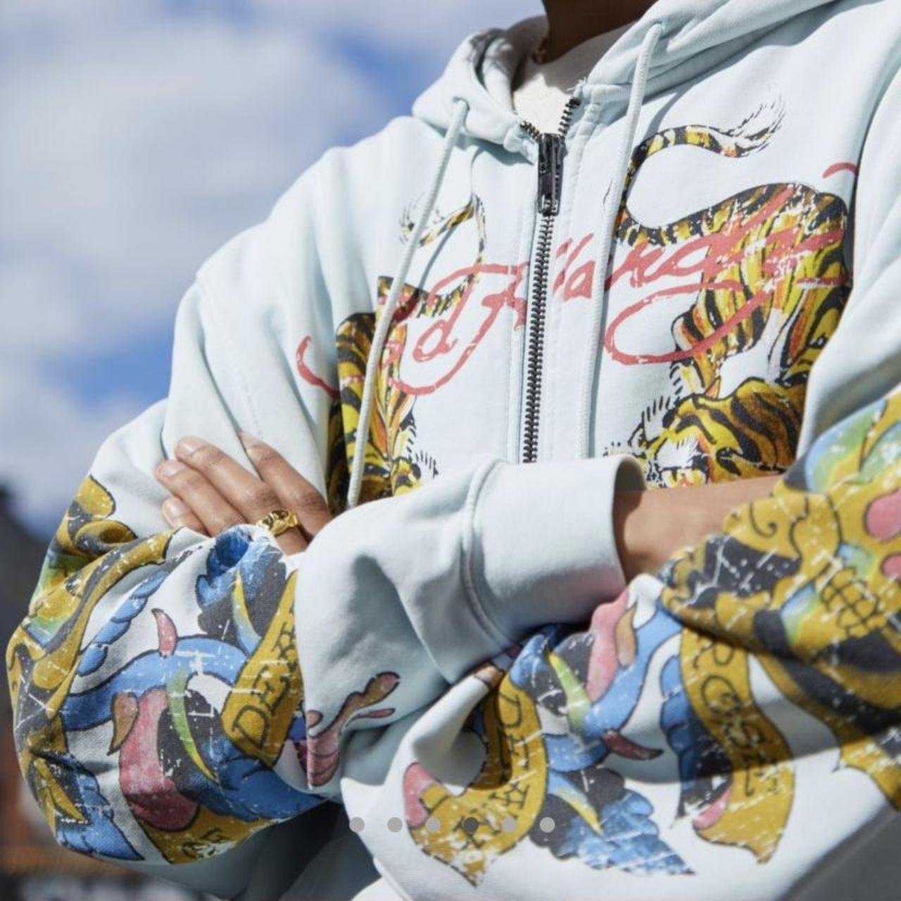ed hardy zip up hoodie sky blue tiger design on... - Depop