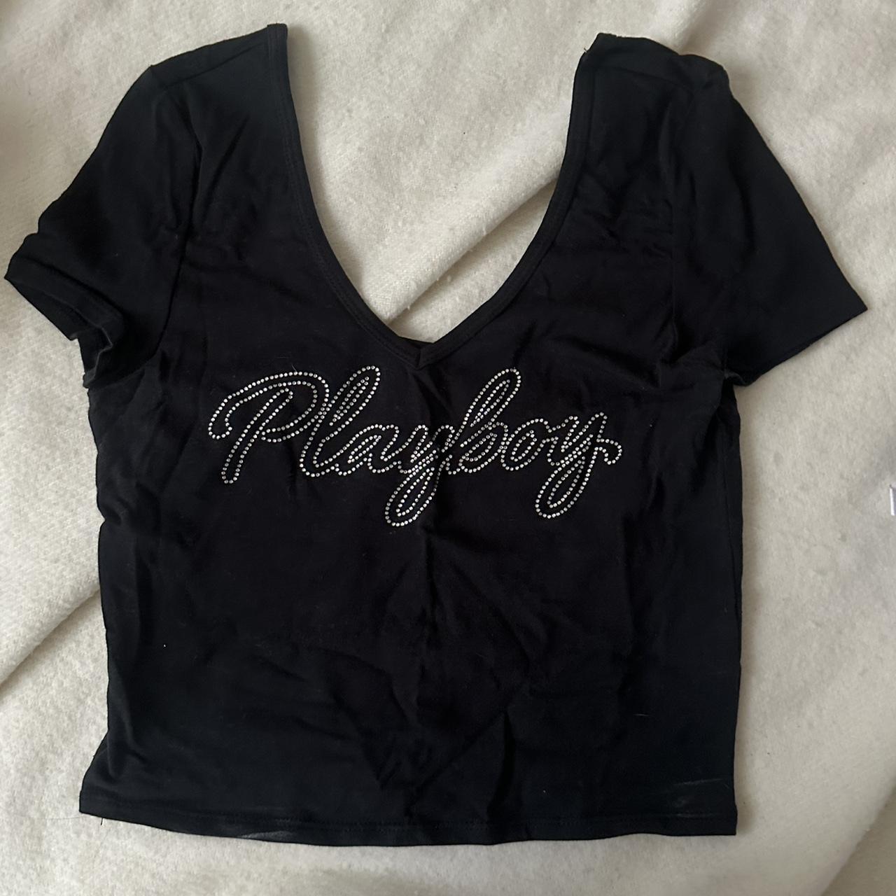 Black Playboy crop top with rhinestone logo -worn... - Depop