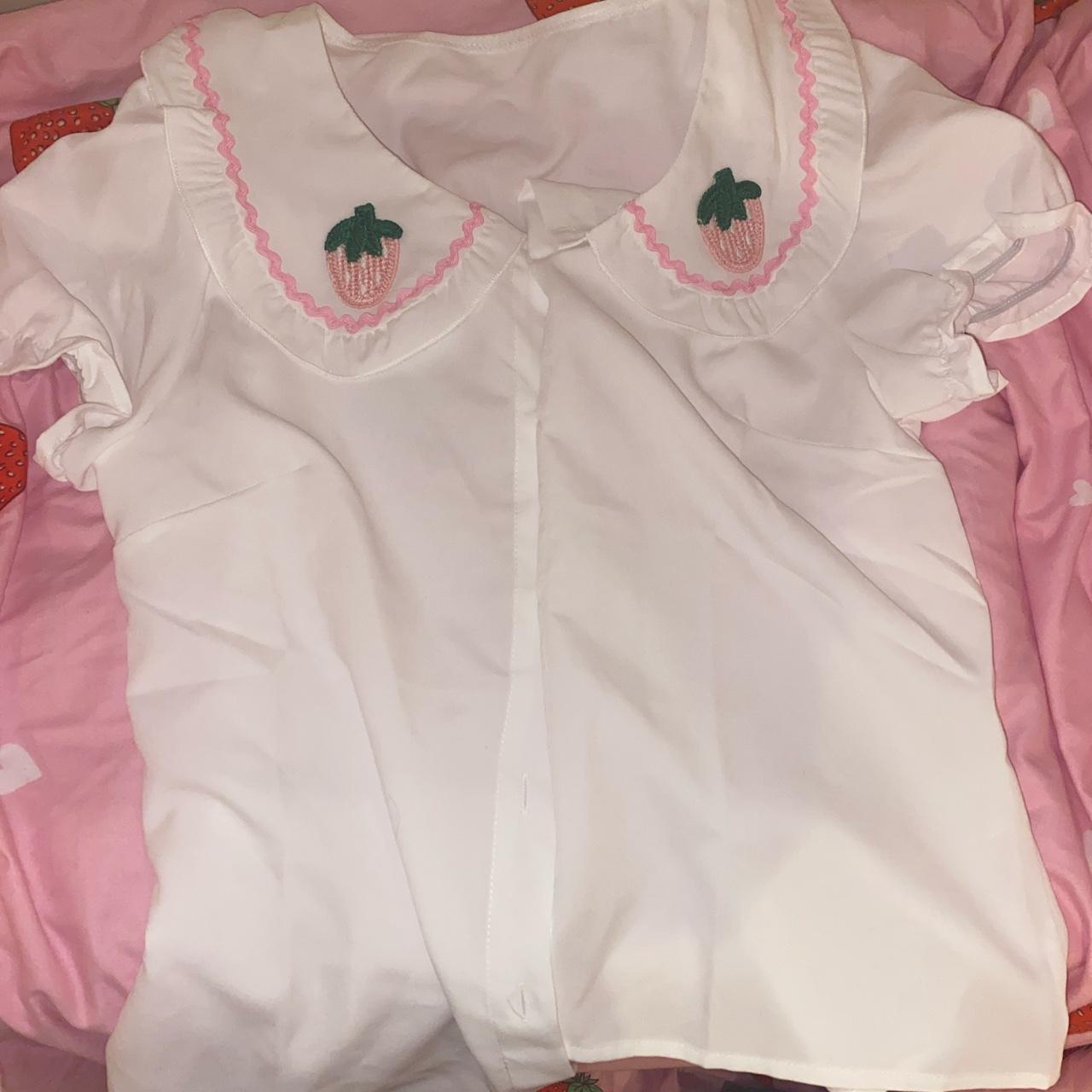 Cutecore Strawberry Pink Kawaii Sanrio White Blouse!... - Depop