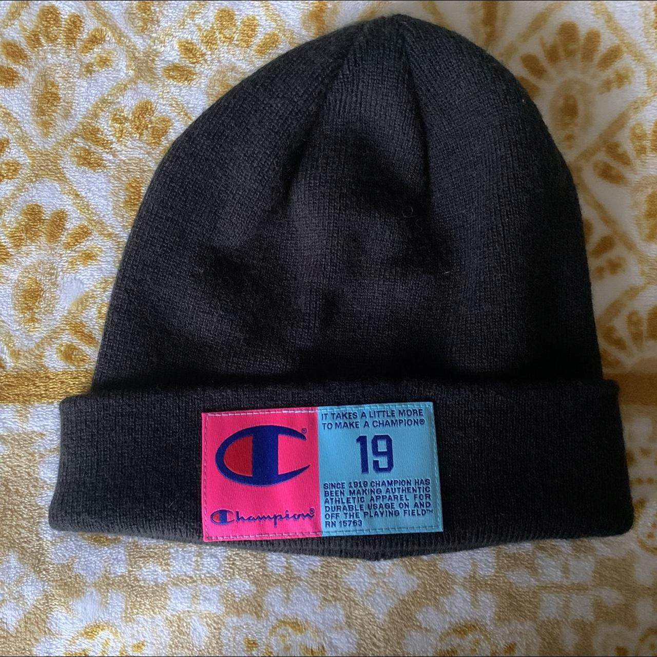 Black Champion beanie, neon pink & blue detailing - Depop