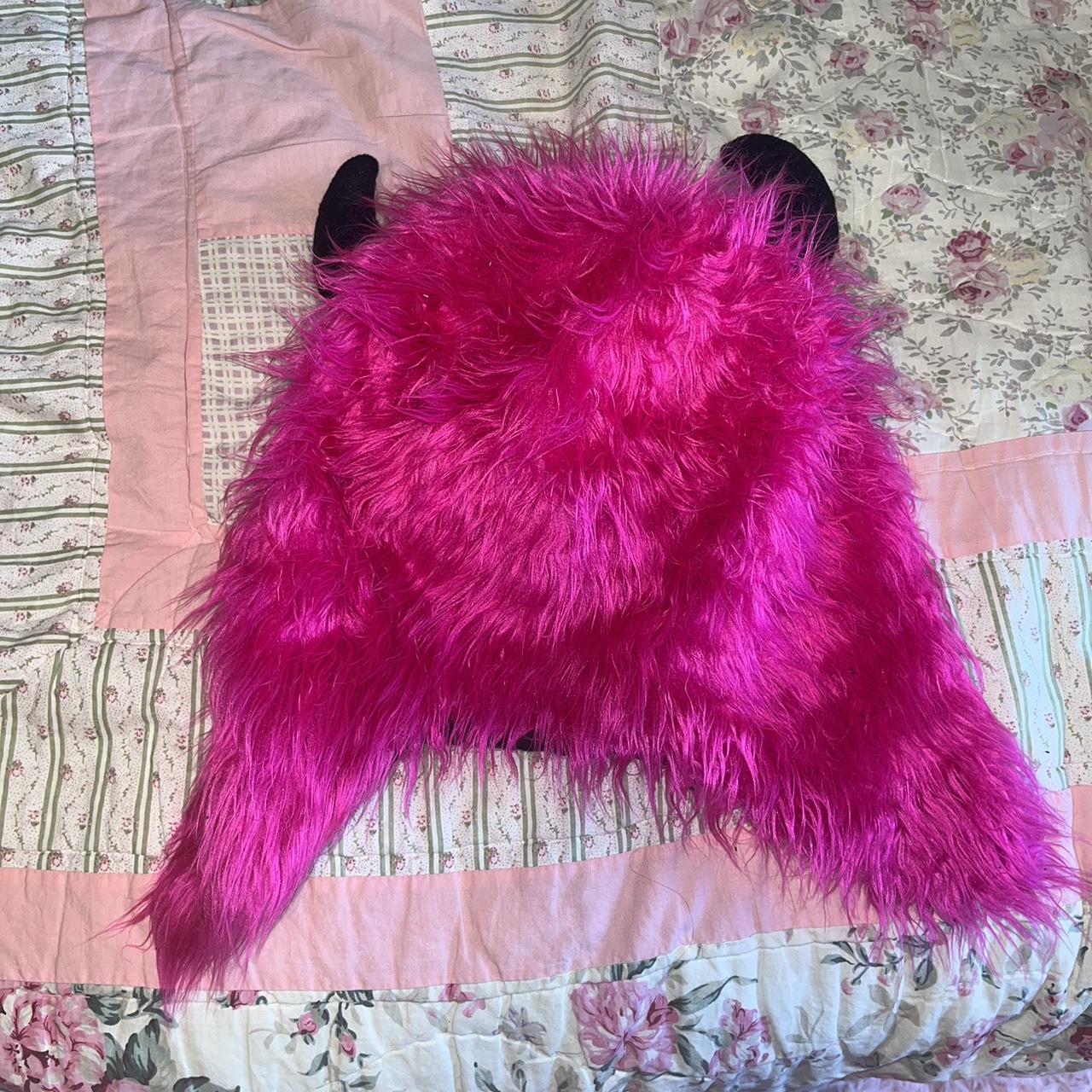 pink fuzzy monster hat adorable neon pink magents... - Depop