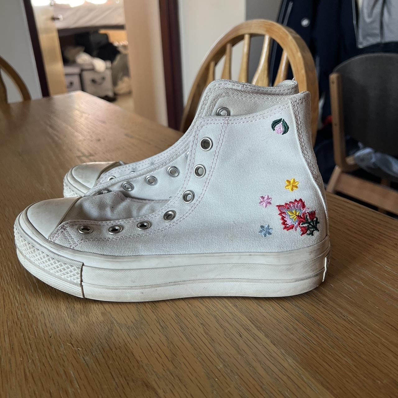 White converse with flowers. Lightly warm size 7.5 Wmns - Depop