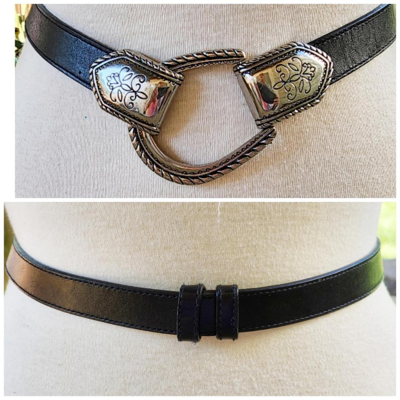 Chico's Black Leather Slide Belt with Silver-tone... - Depop