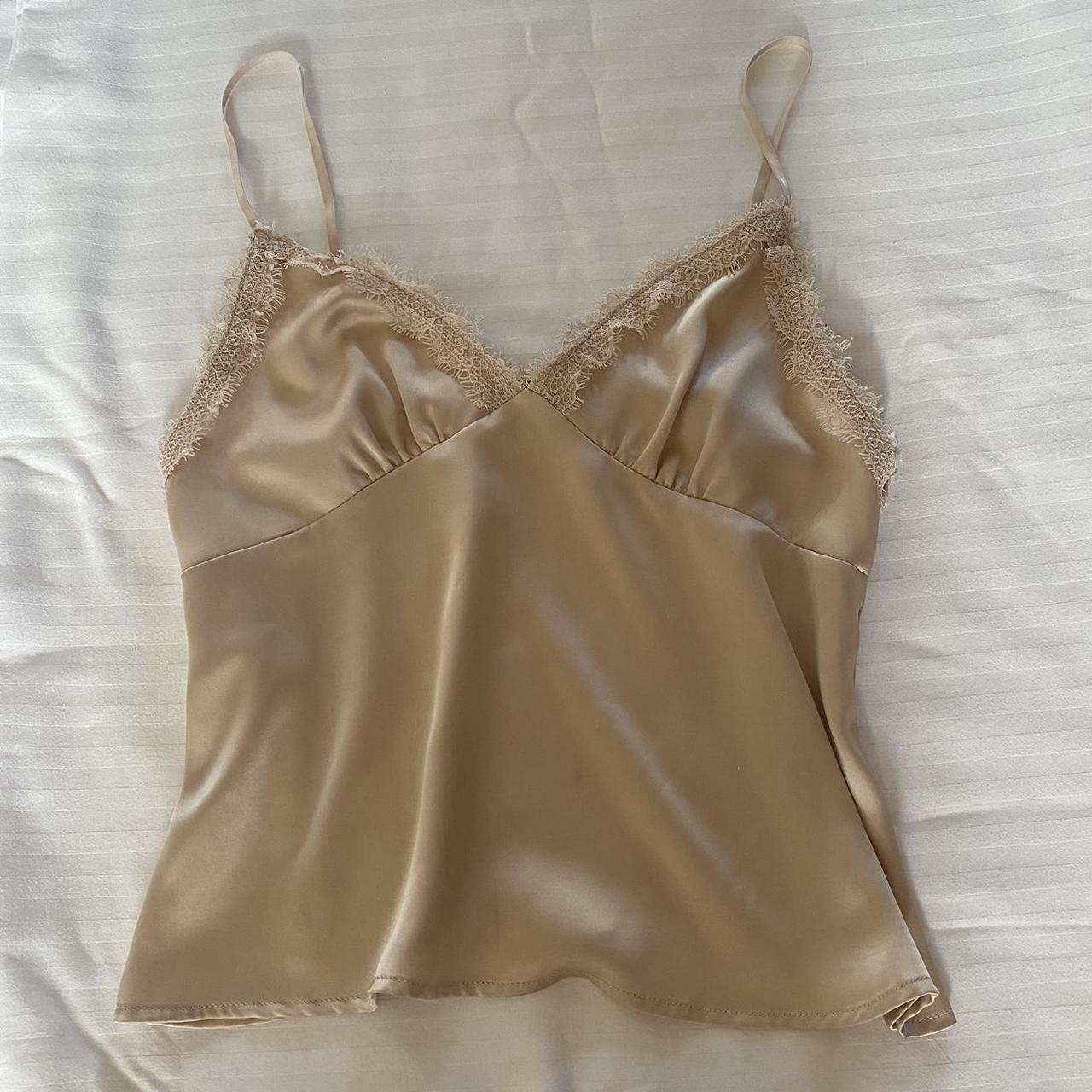 Beige/tan forever 21 satin cami top with lace... - Depop