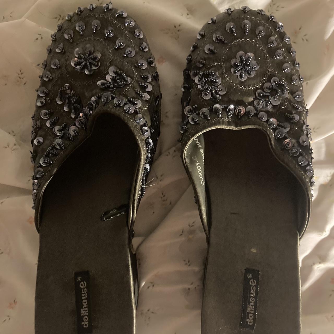 Grey and black clogs with blue beads - Depop