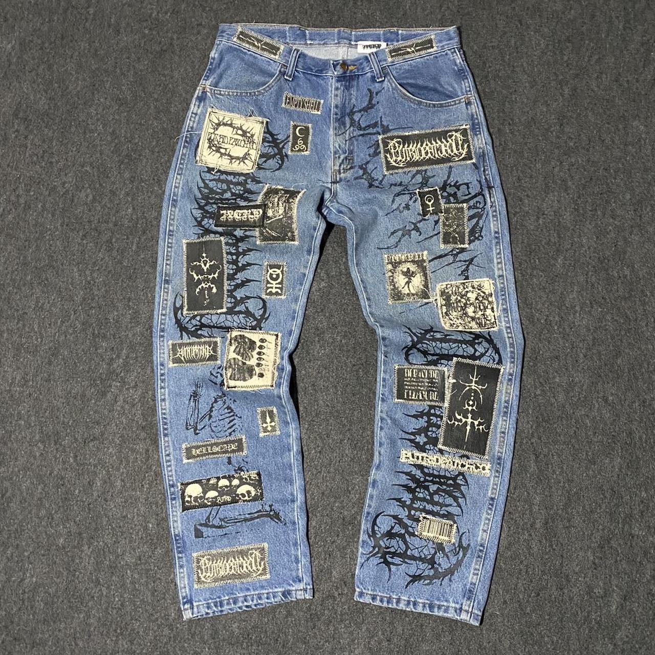 printed and patched vintage work denim crust jeans.... | Depop