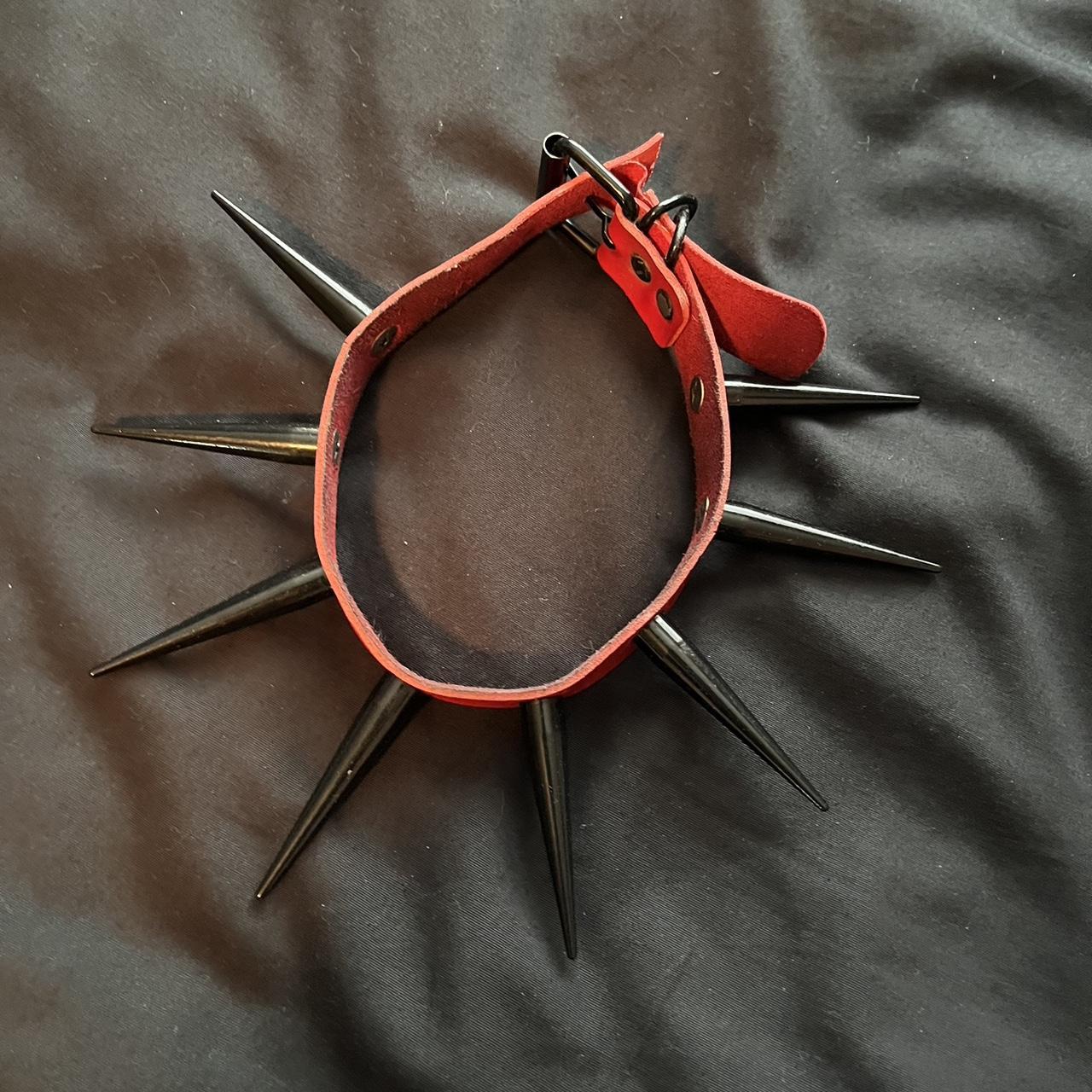 Red and black emo spiked choker. Well worn, strap is... - Depop