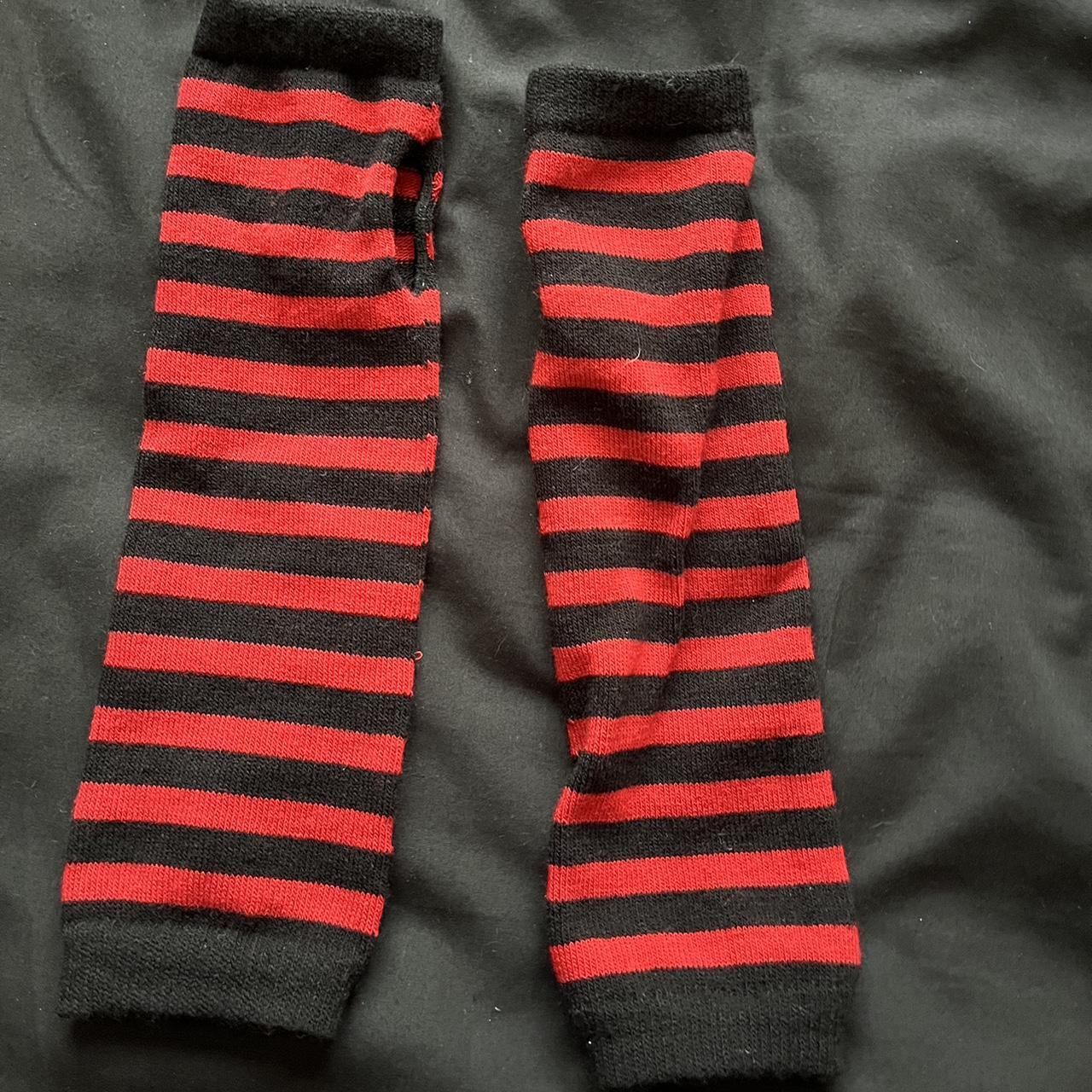 Emo/ scene black and red stripped fingerless gloves.... - Depop
