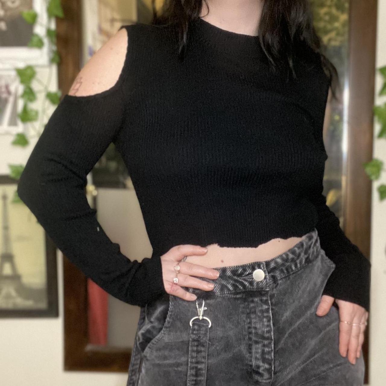 Goth Alt Grunge Black Ribbed Cold Shoulder Mock Neck... - Depop