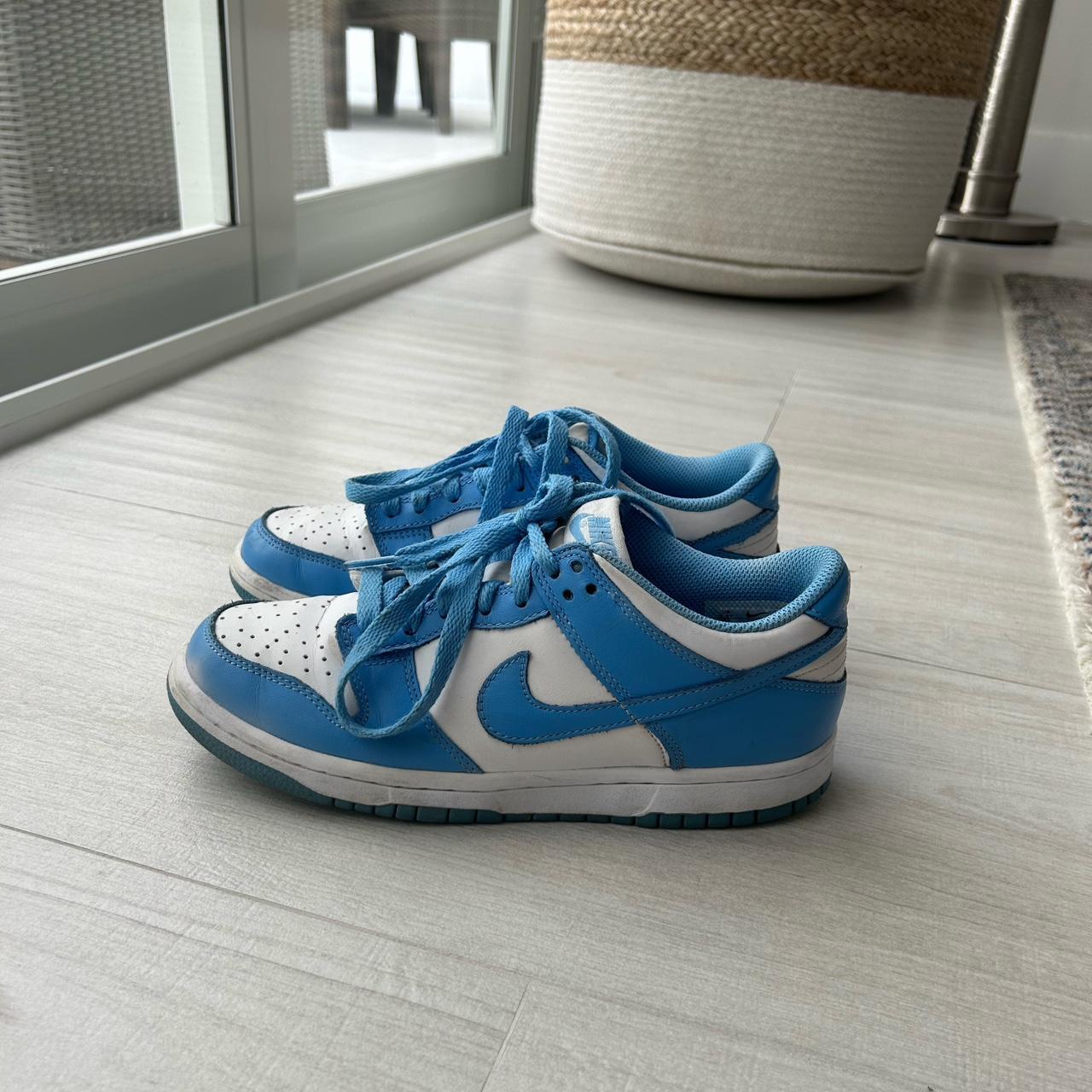 Blue and White low top Jordan Dunks Size 5.5 YB... - Depop