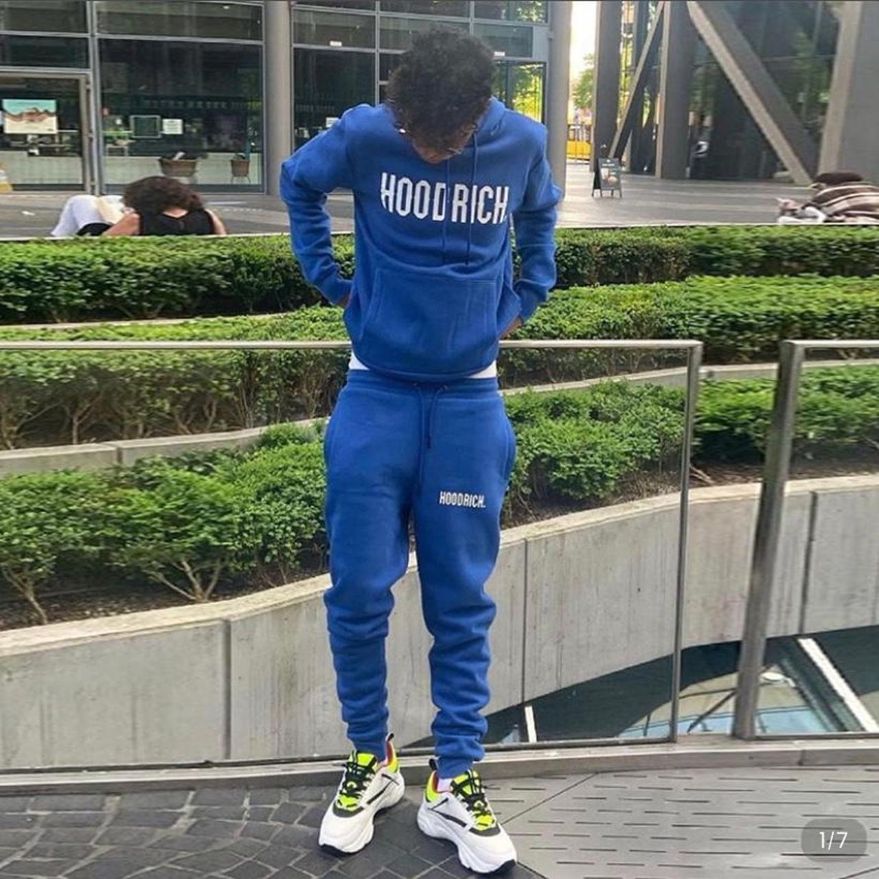 Hoodrich blue tracksuit #tracksuit Hole in one pocket - Depop