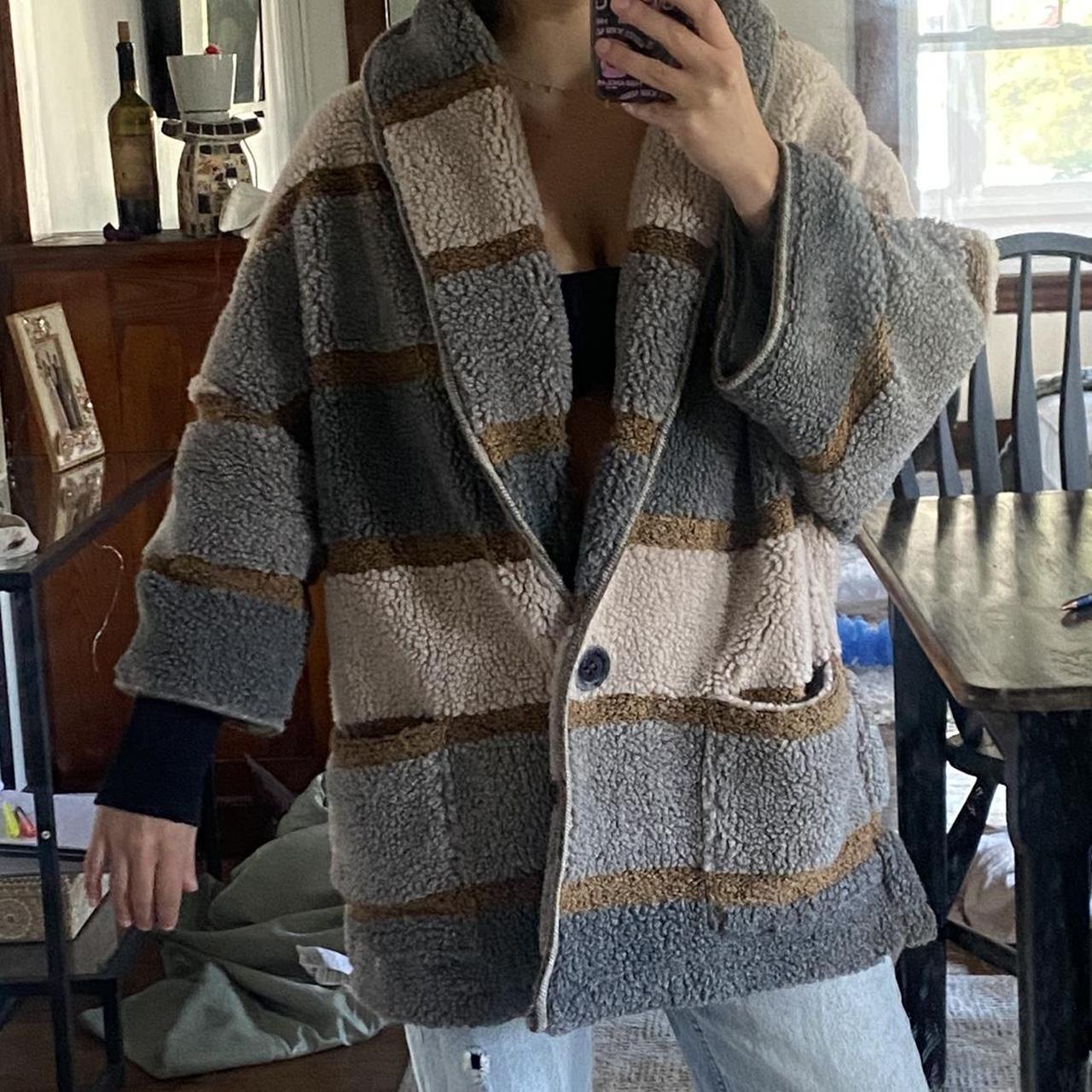 Sherpa neutral colored strip jacket One button and... - Depop