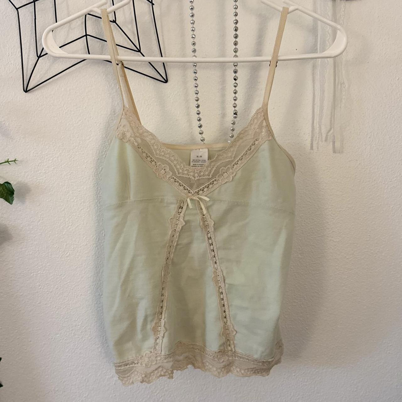 Cream lace trim turquoise cami top with bow detail... | Depop