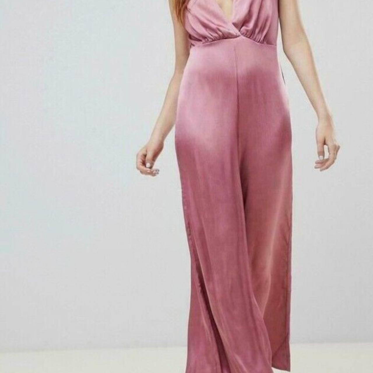 New Look Wide Leg Low Cut Satin Jumpsuit (Deep... - Depop