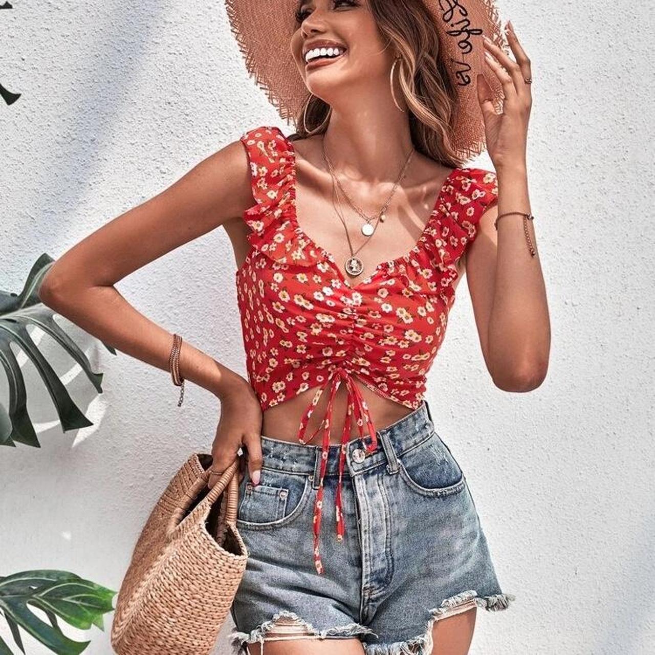 SHEIN Ditsy Floral Ruffle Trim Tie Hem Top Smocked... - Depop