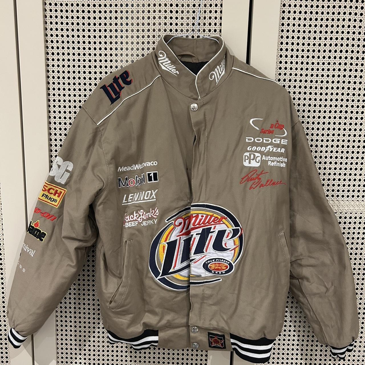 Retro Brown and multi-coloured Dodge NASCAR jacket... - Depop