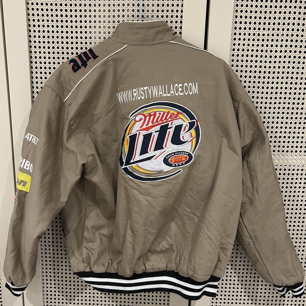 Retro Brown and multi-coloured Dodge NASCAR jacket... - Depop