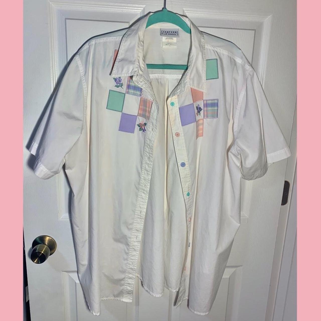 A cute white button up blouse with pastel... - Depop