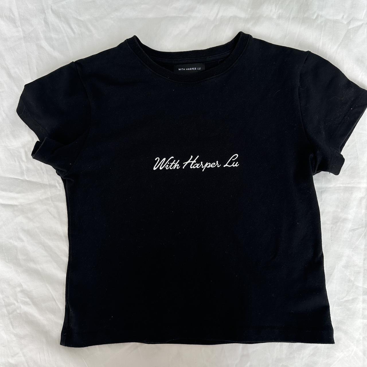WITH HARPER LU Black baby t White writing Worn once - Depop