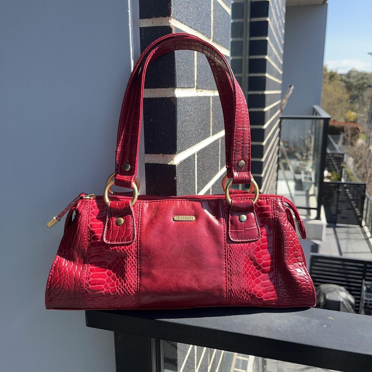 Red faux leather east/west bag with gold hardware.... - Depop