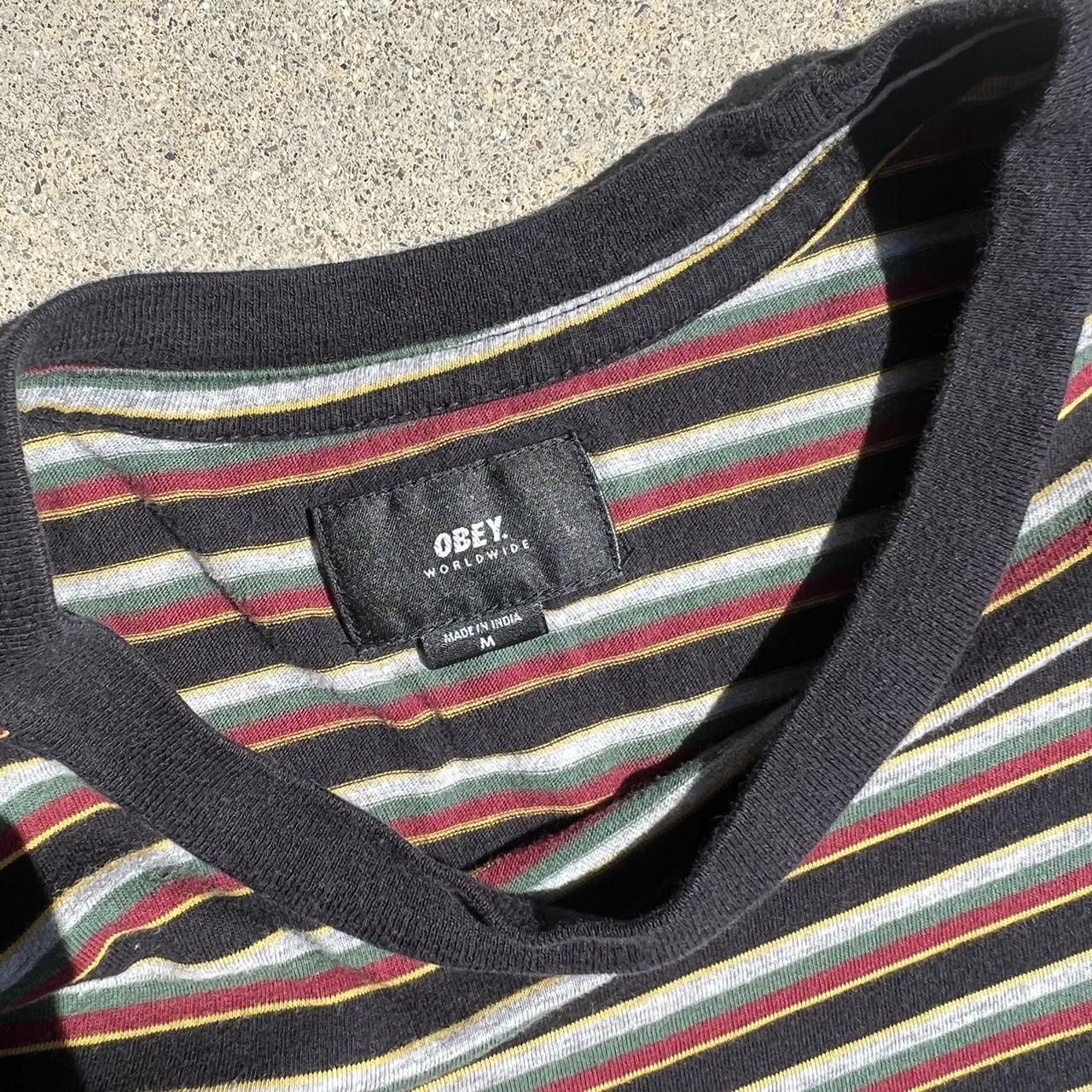 Obey Men’s striped pocket tee size medium. Used but... - Depop