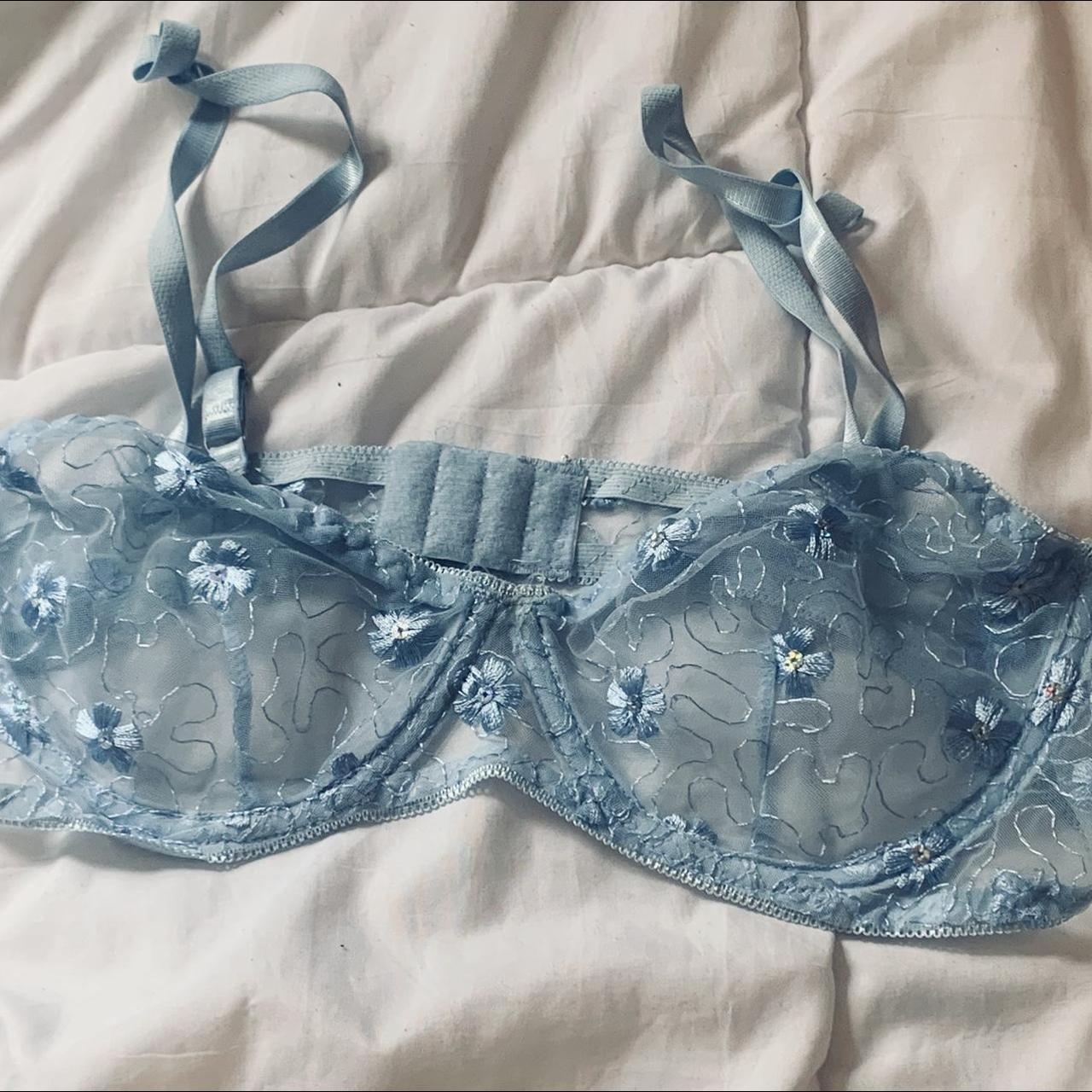 small cup blue sheer bra! threaded flowers on the... - Depop