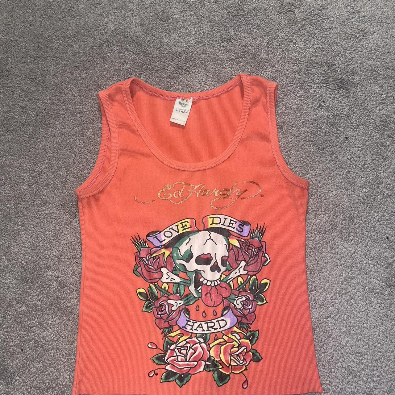 Ed Hardy Pink tank. Love dies hard graphic skull... - Depop