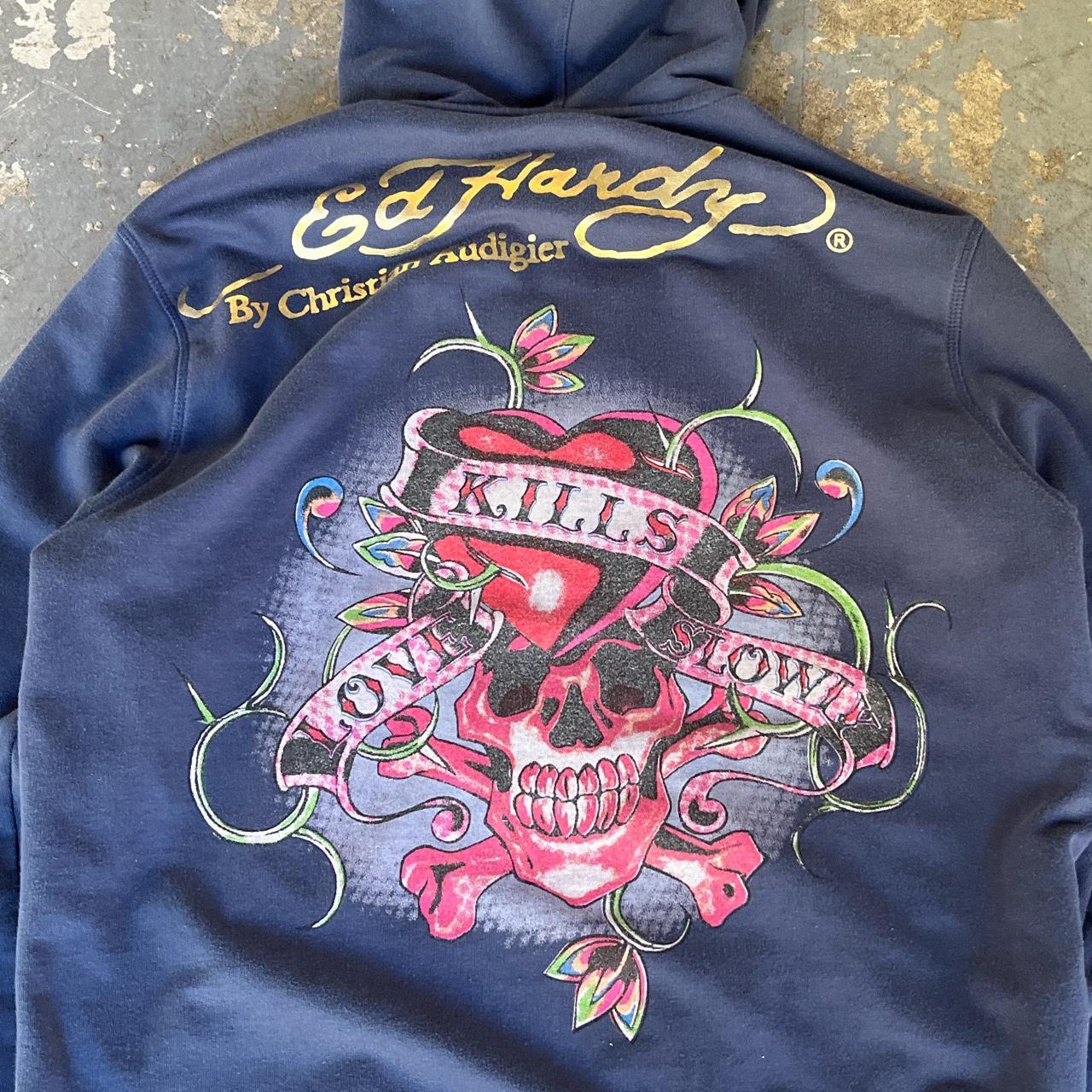 Vintage early 2000s navy blue y2k Ed hardy skull... - Depop