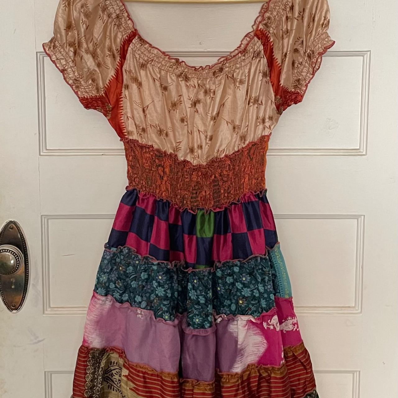 thrifted multi-pattern dress -on or off-the-shoulder... - Depop