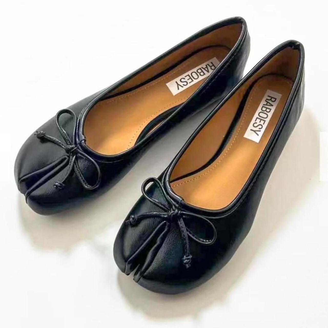 REPOP: Black leather tabi ballet flats with bow... | Depop