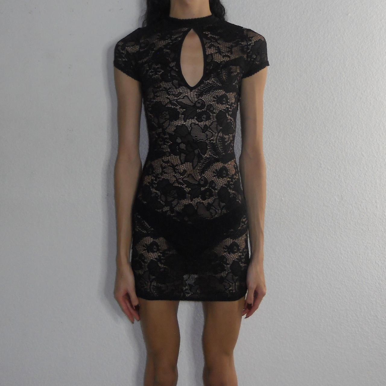 super sexy sheer black floral lace stretch mini... - Depop