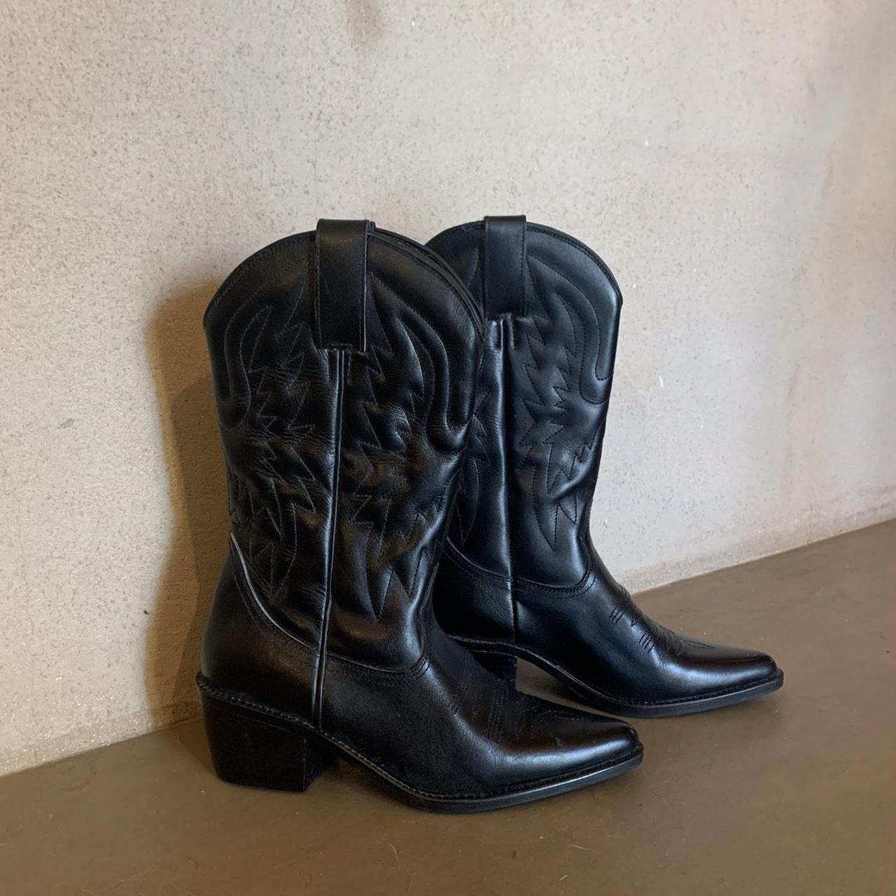 Black leather cowboy boots Rune Studio Size 38... - Depop