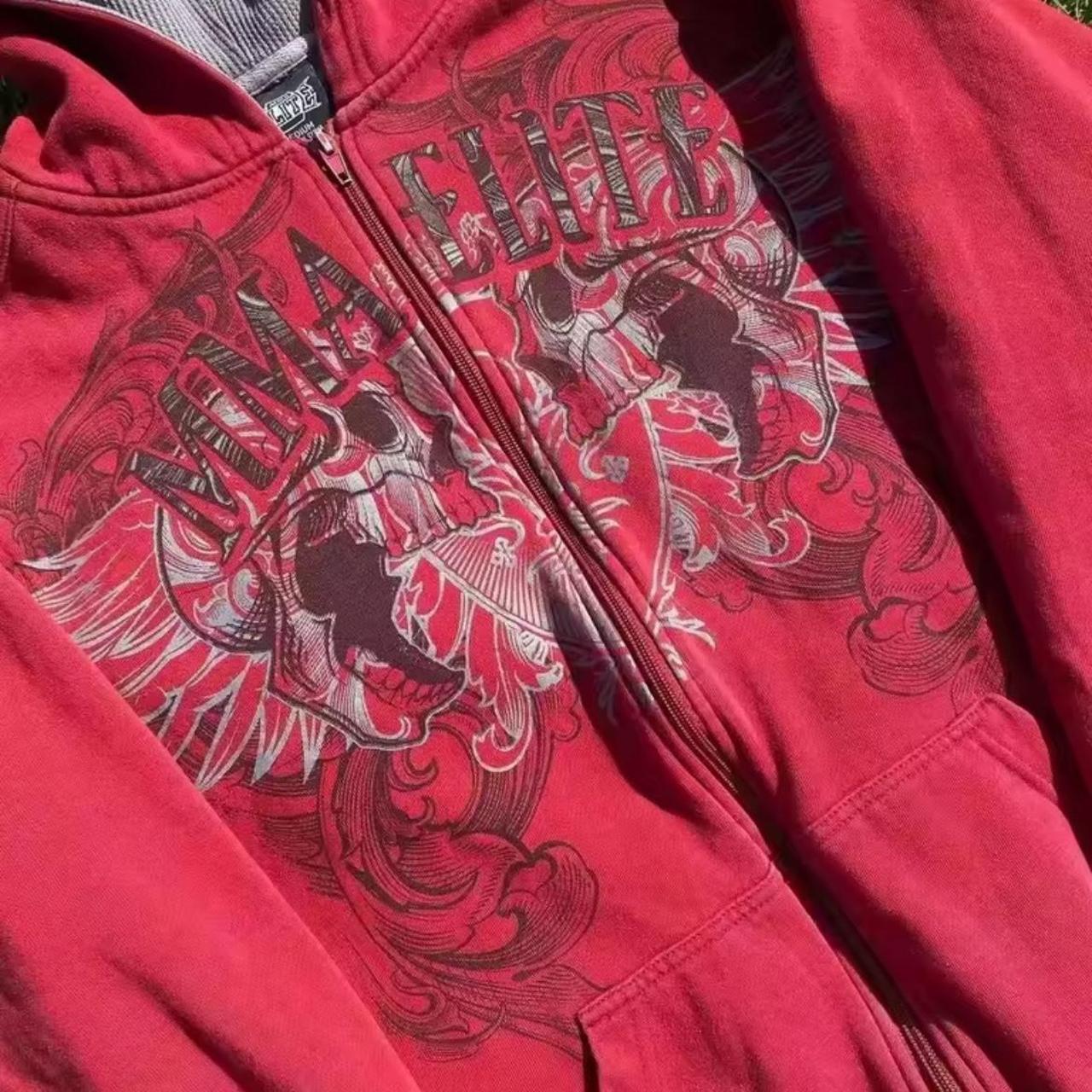 Red and grey Affliction zip-up hoodie S: ... | Depop