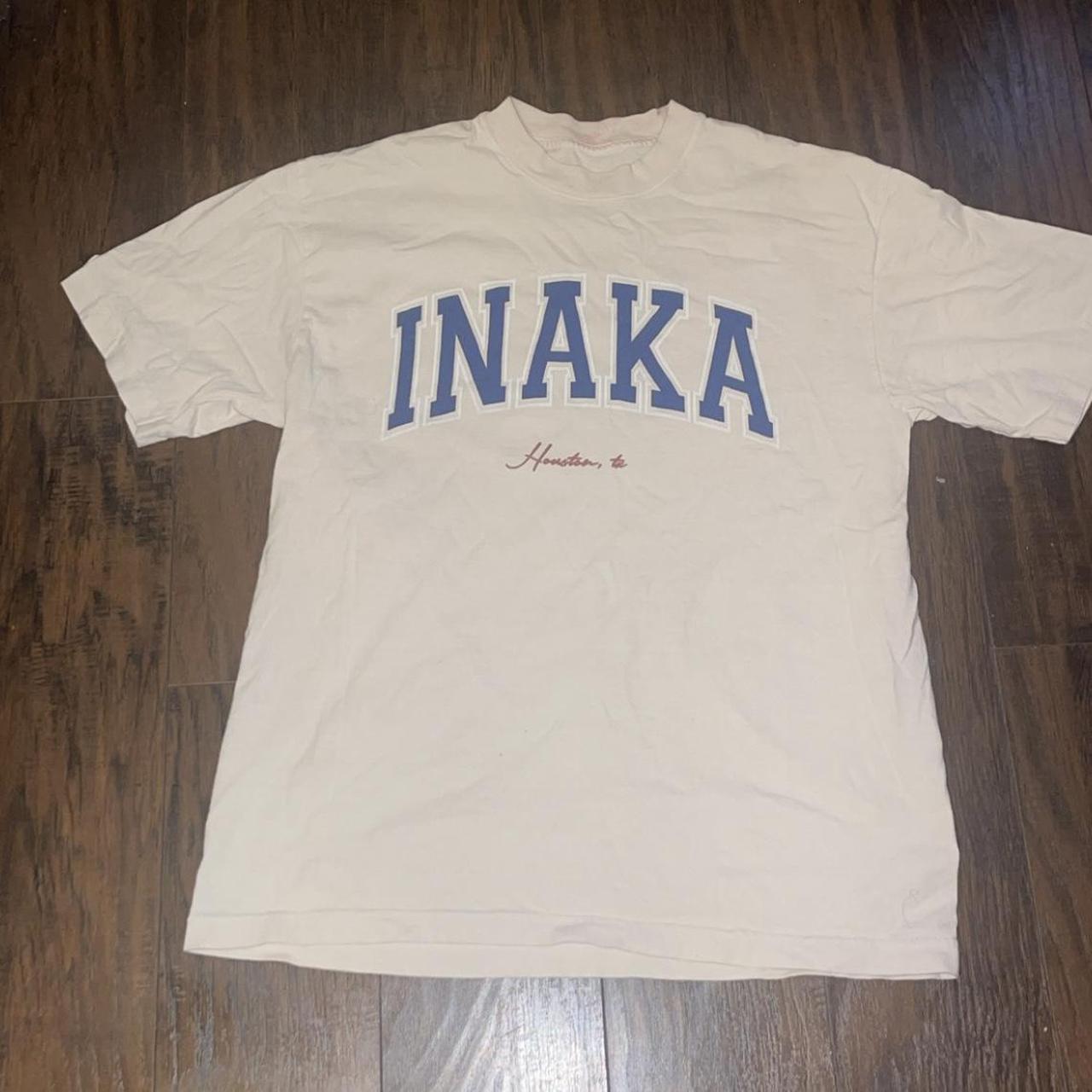 medium Cream and blue Inaka Hanes tee | Depop