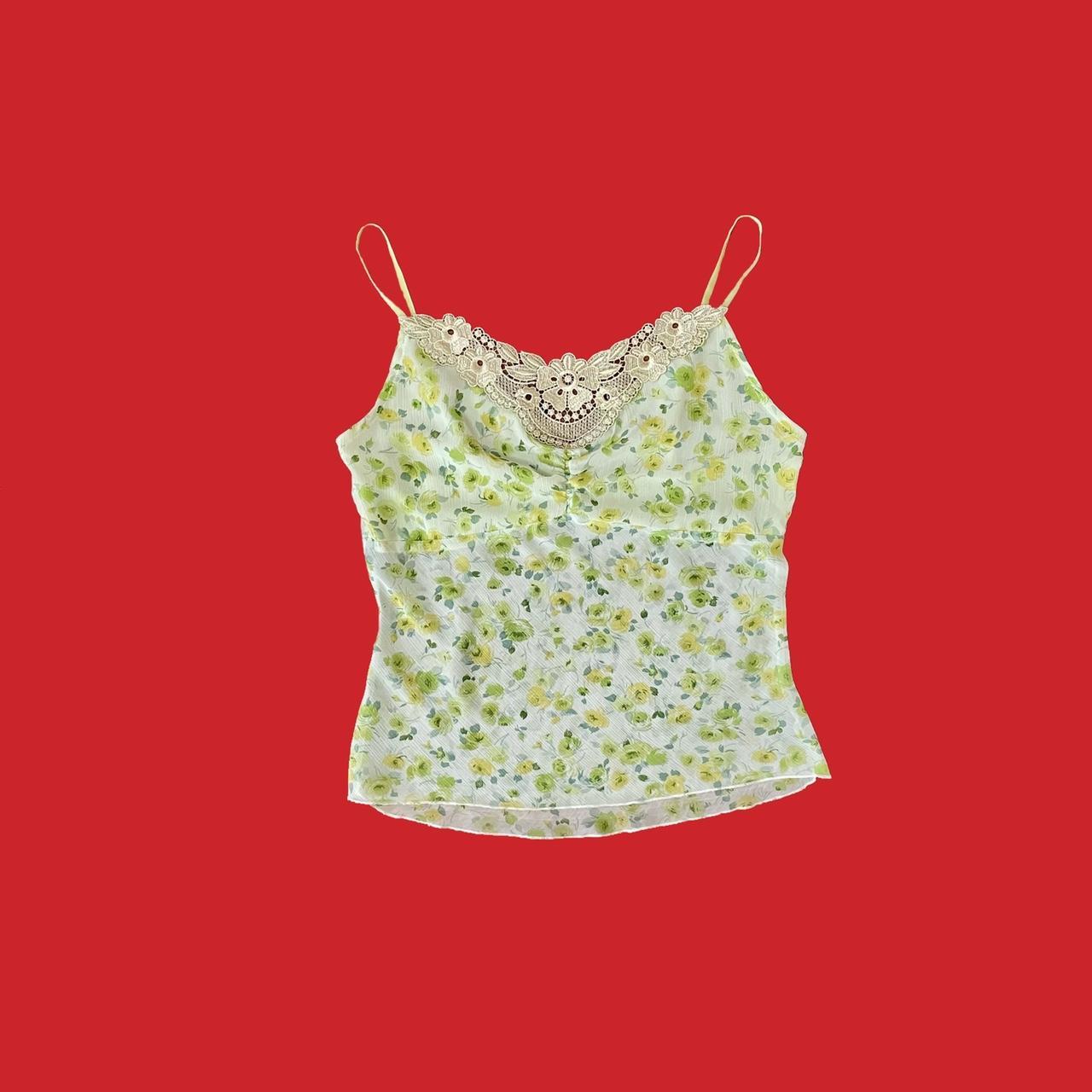 Vintage 2000s light green floral babydoll tank... - Depop