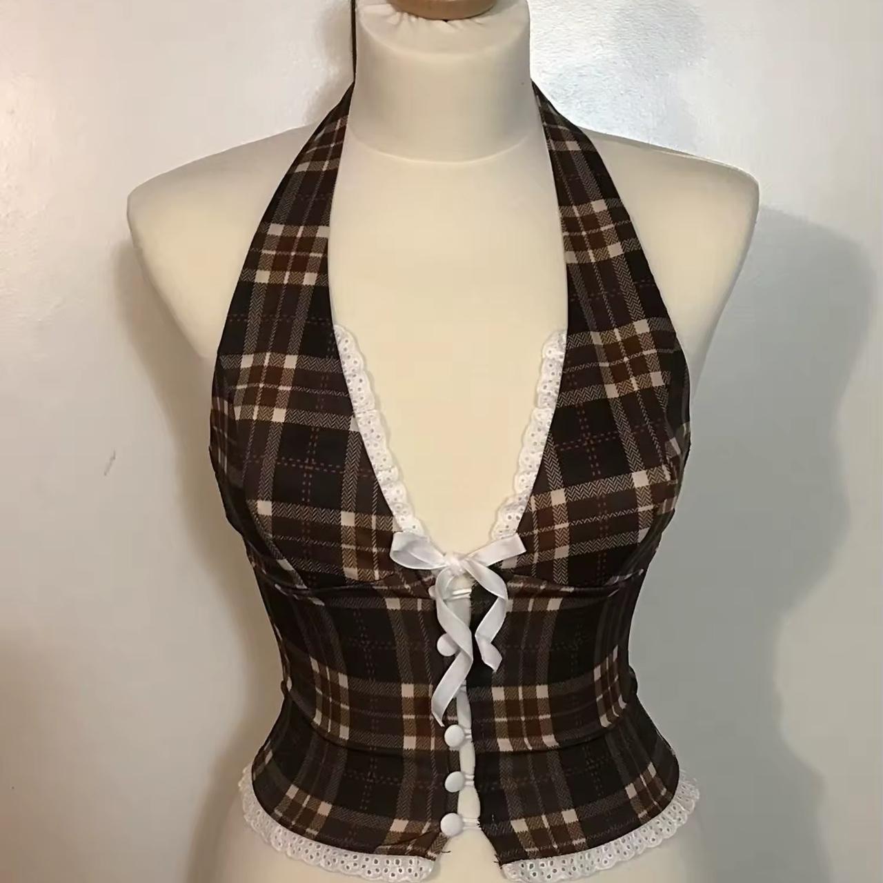 Brown and white plaid halter top with lace trim and... | Depop