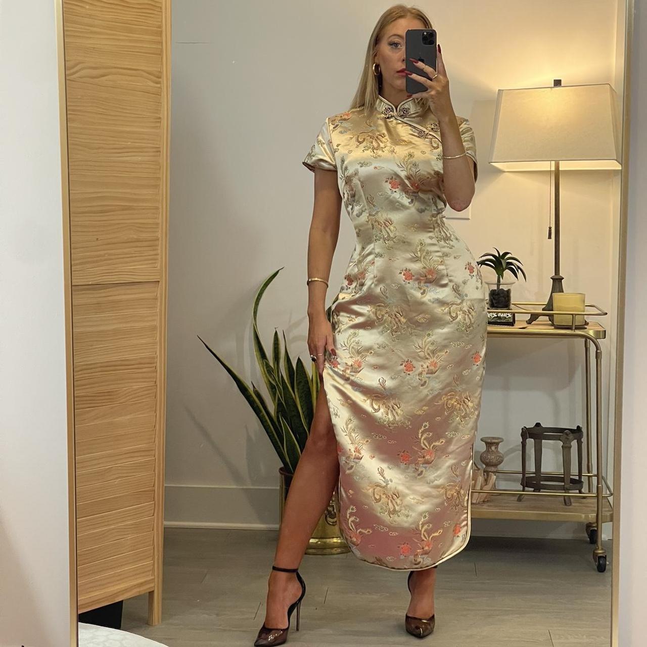 Gold Cheongsam Side Split Maxi Length - Depop
