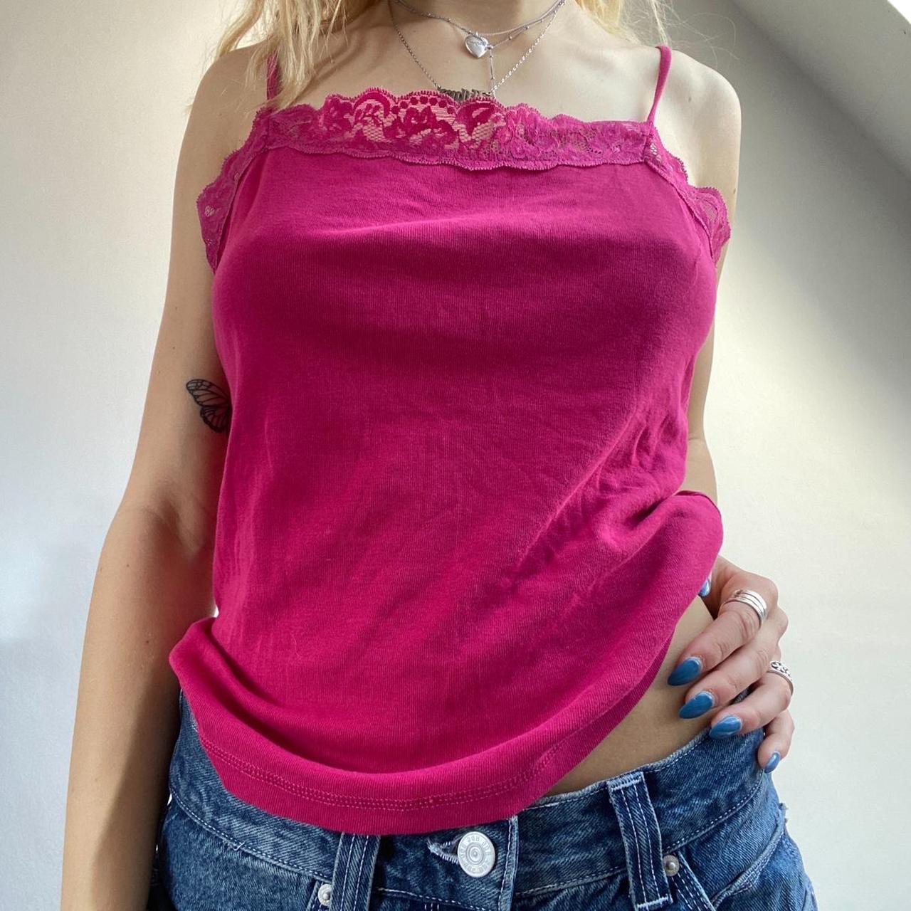 pink lacey vest top / hot pink tank top. shown on an... - Depop