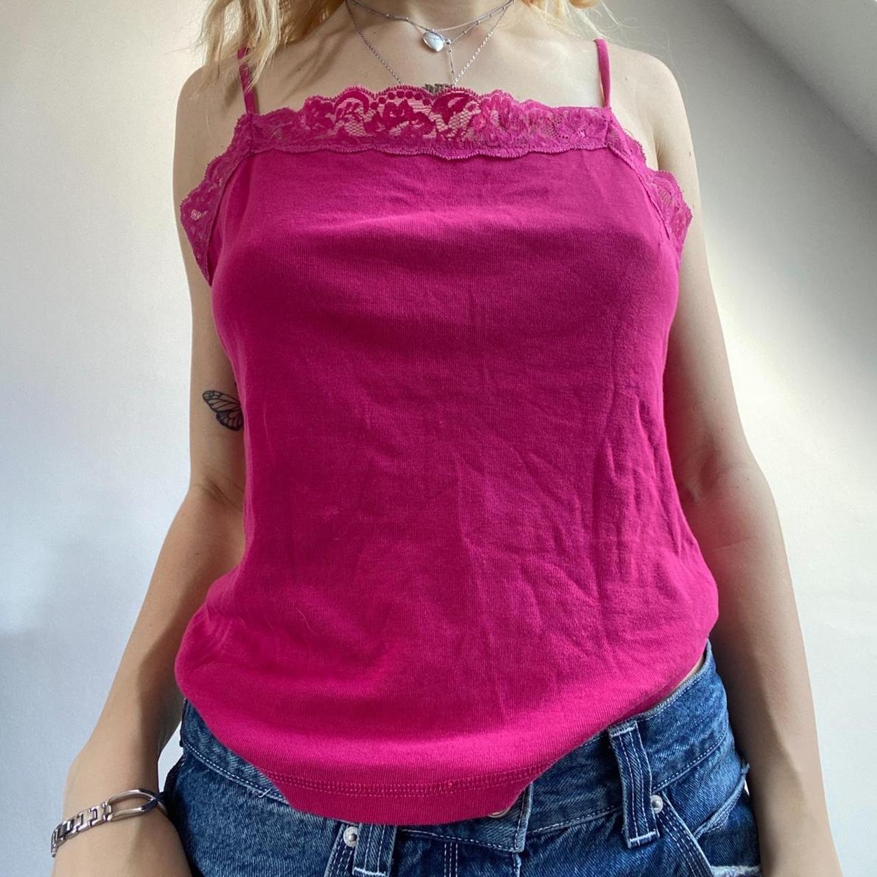 pink lacey vest top / hot pink tank top. shown on an... - Depop