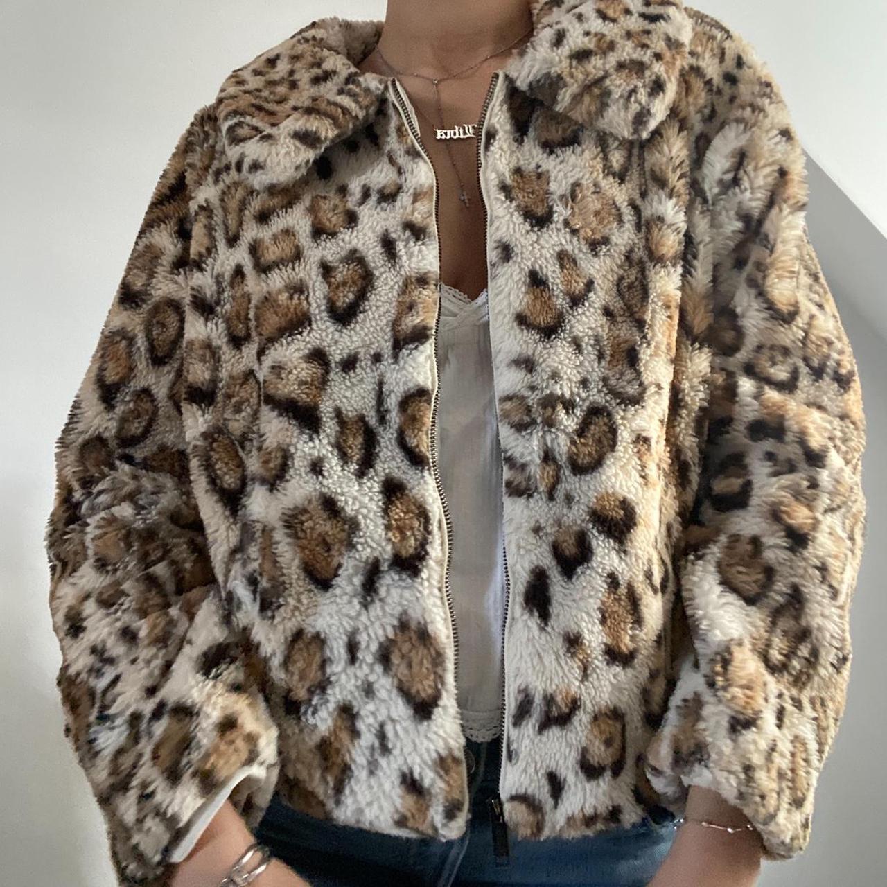 fluffy leopard print waist length jacket with... - Depop