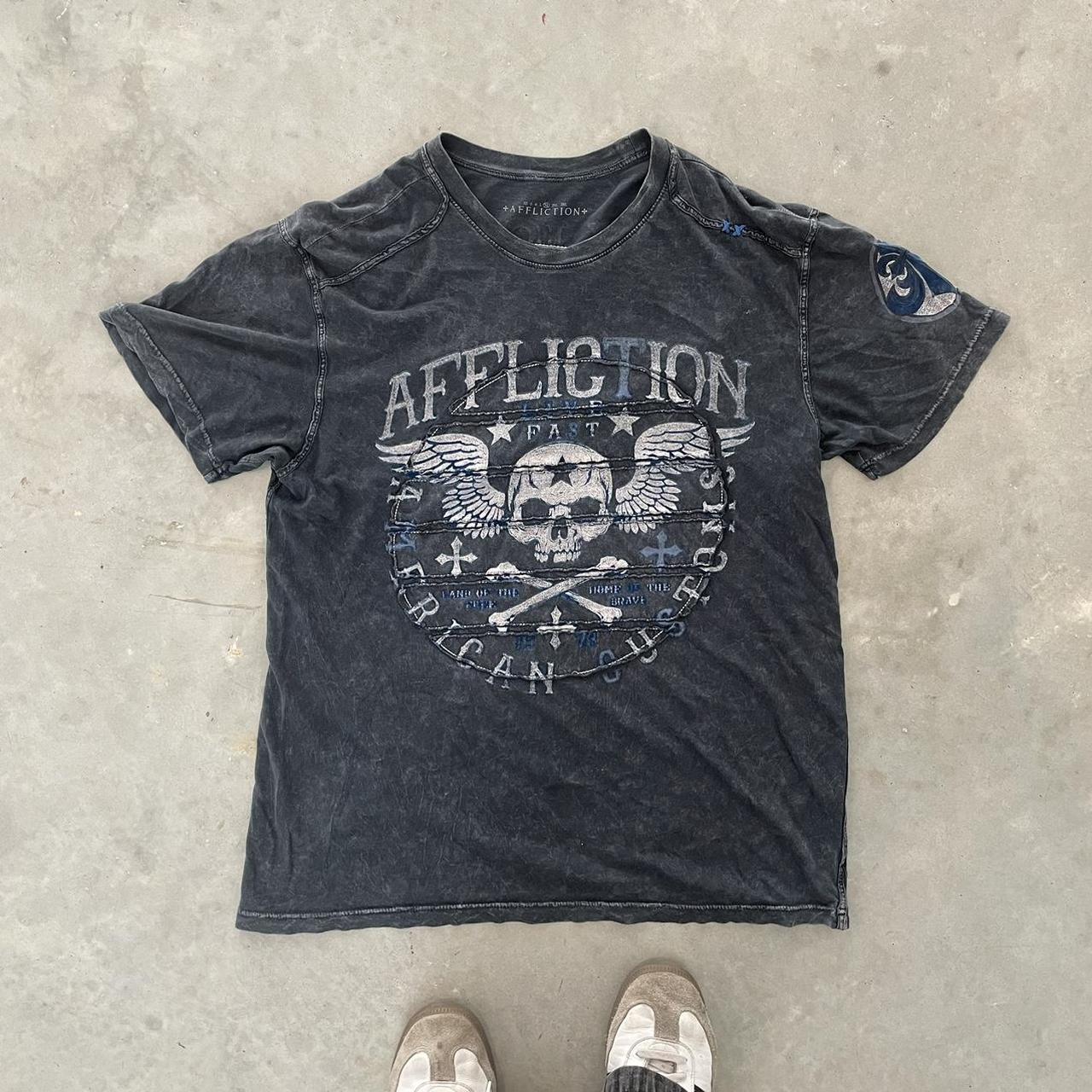 Affliction Men's Black and White T-shirt | Depop