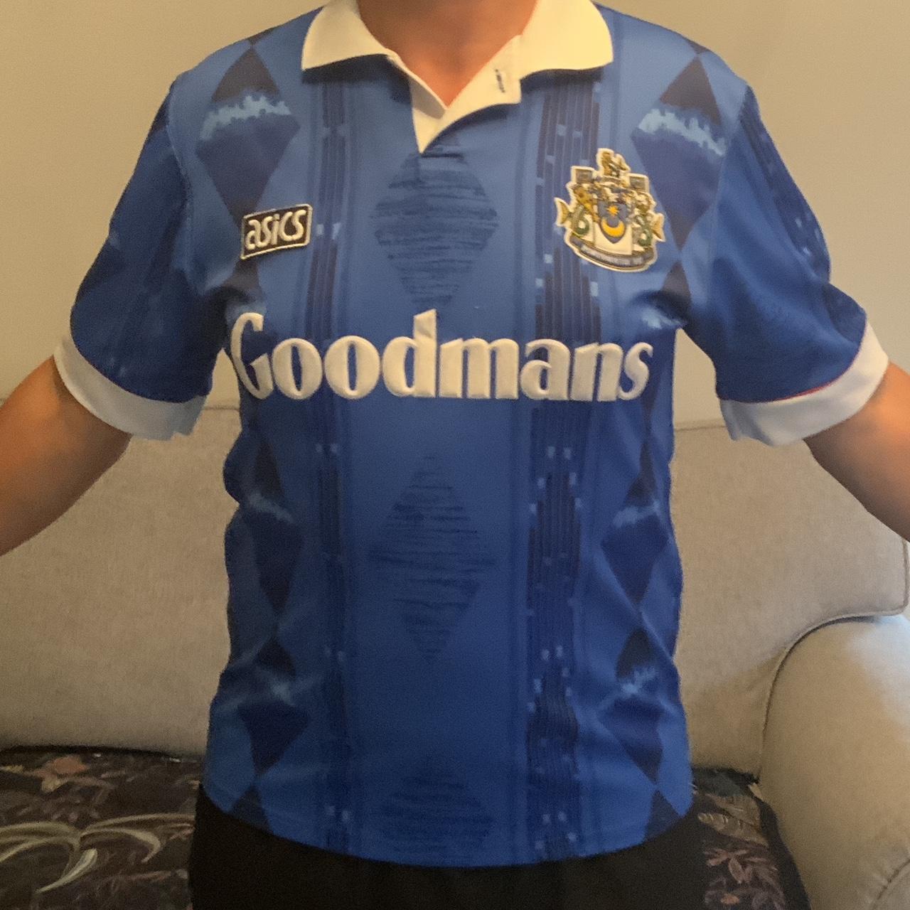 Rare original Pompey shirt! 1990s ASICS blue and... - Depop