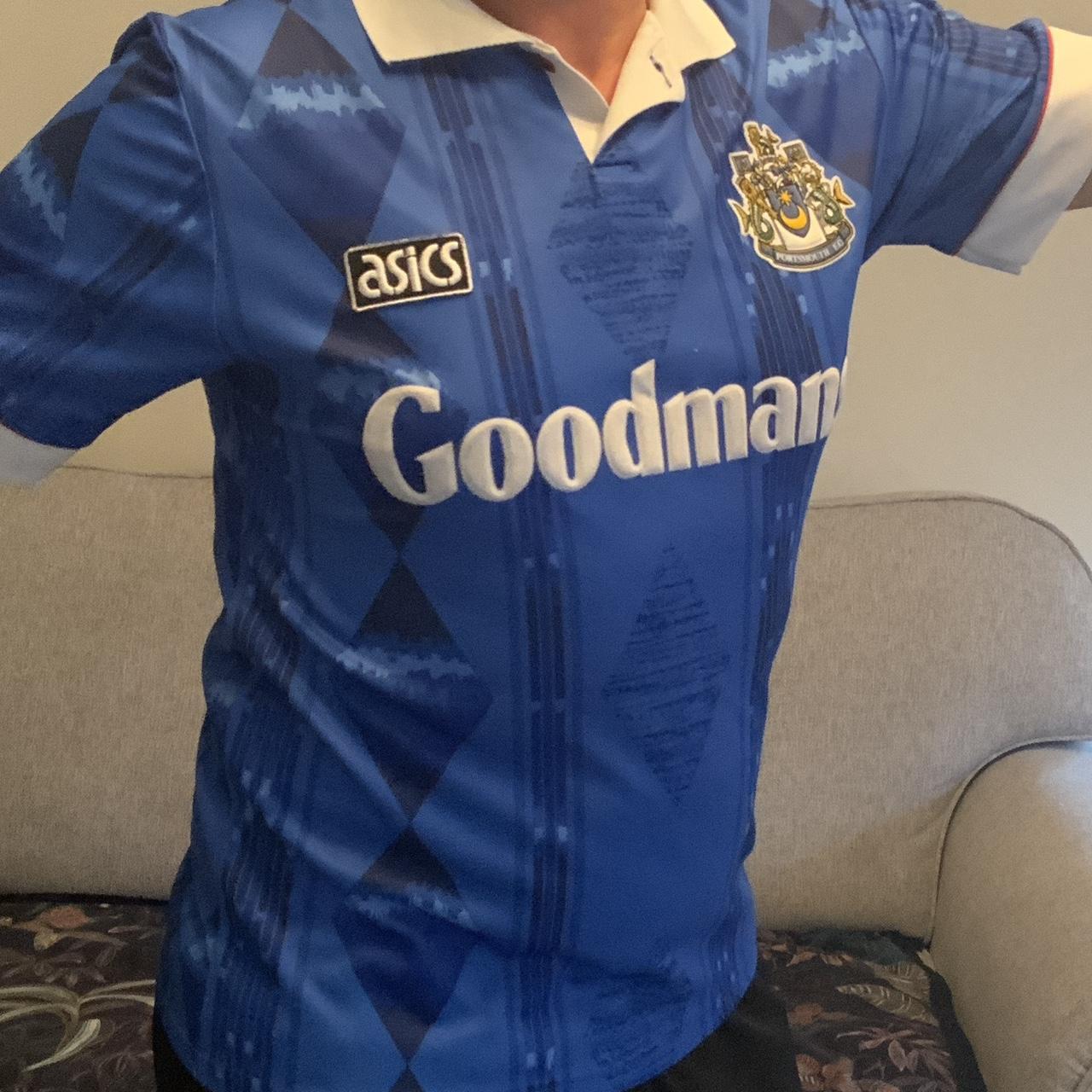 Rare original Pompey shirt! 1990s ASICS blue and... - Depop