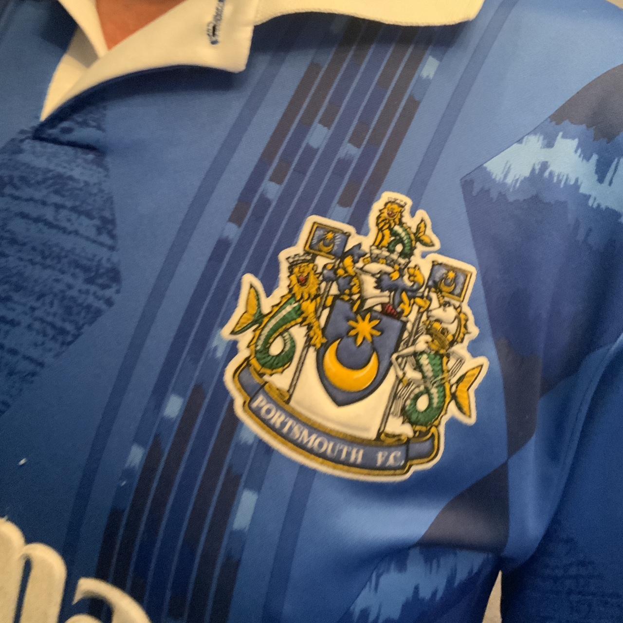 Rare original Pompey shirt! 1990s ASICS blue and... - Depop