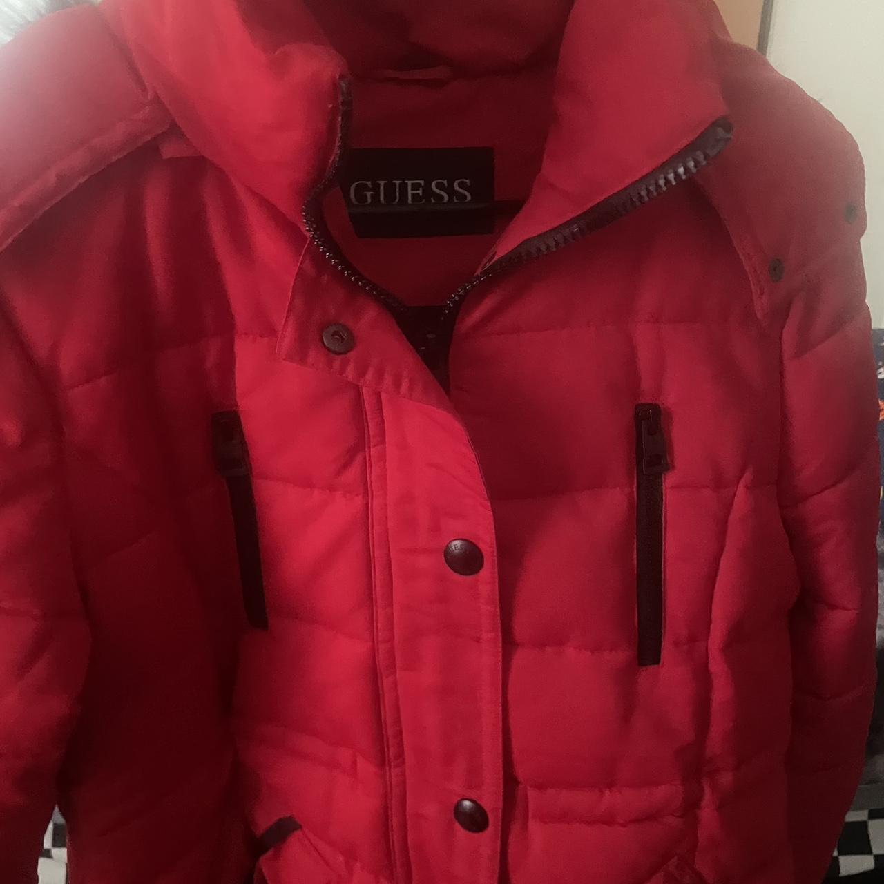 Red Guess puffer jacket with black faux fur trim... - Depop