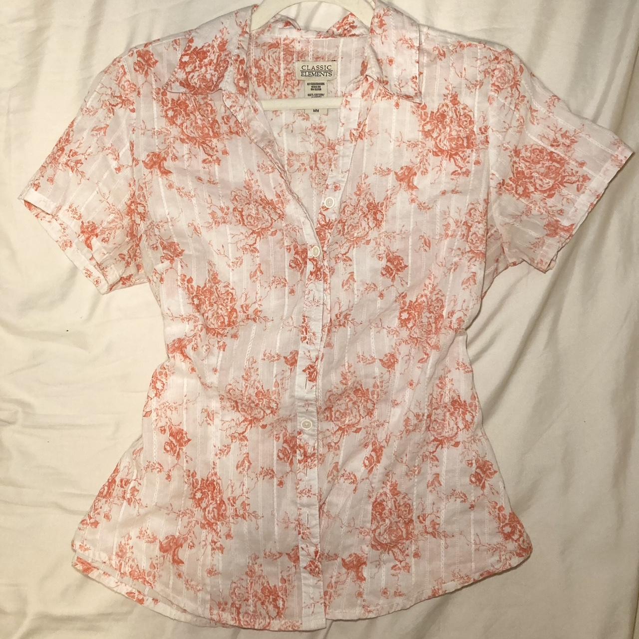 -pink-red rose pattern -100% cotton -button-up w/... - Depop