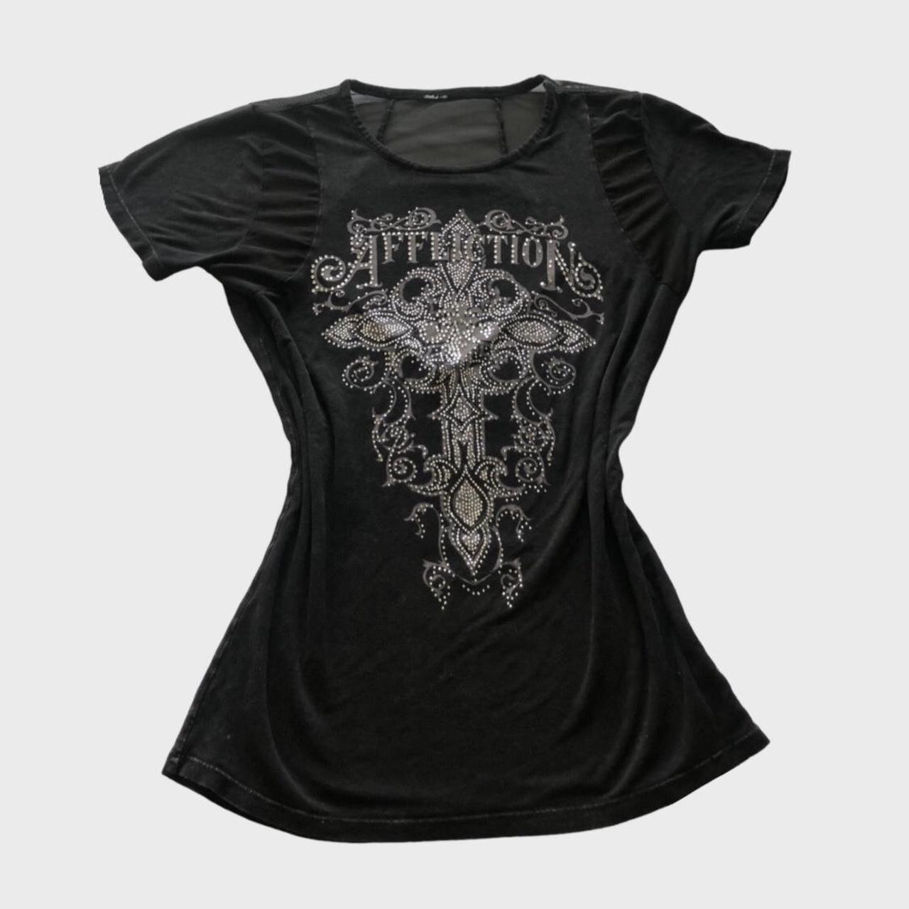 Affliction Women's Black and Silver T-shirt | Depop